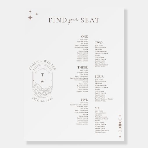 Celestial Moon Stars Boho Monogram Seating Chart Foam Board | Zazzle