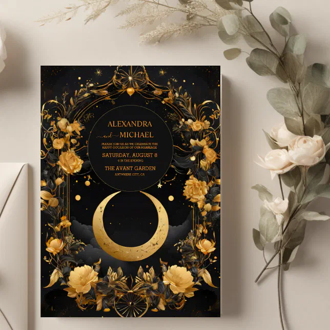 Celestial Moon & Stars Faux Gold Wedding Invitation | Zazzle