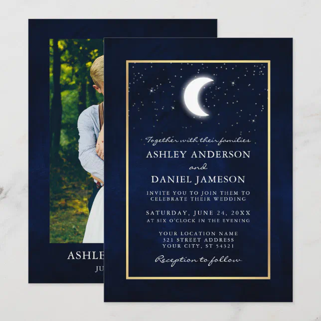 Celestial Moon Stars Gold Photo Wedding Invitation | Zazzle