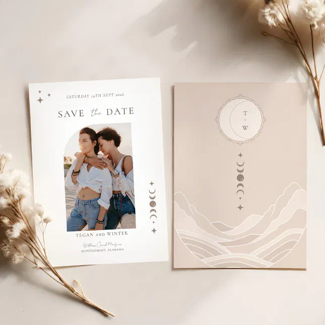 Celestial Moon Stars Monogram Save The Date Photo Invitation | Zazzle