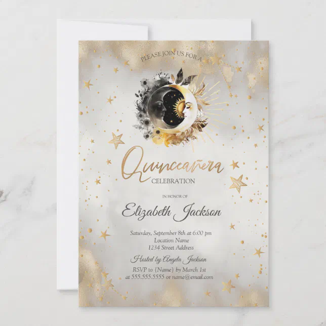 Celestial Moons,Stars Flower Quinceanera Invitation | Zazzle