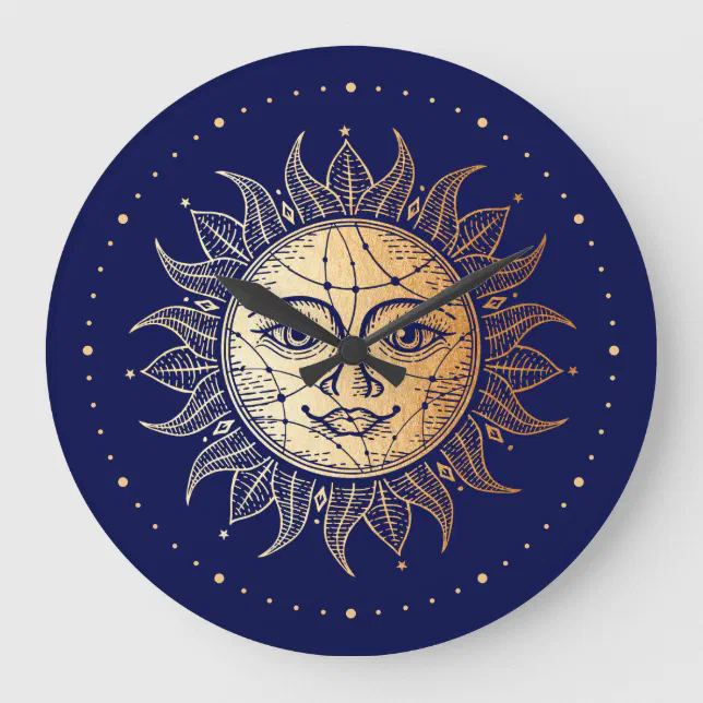 Celestial Navy Blue & Gold Vintage Style Sun Face Large Clock | Zazzle