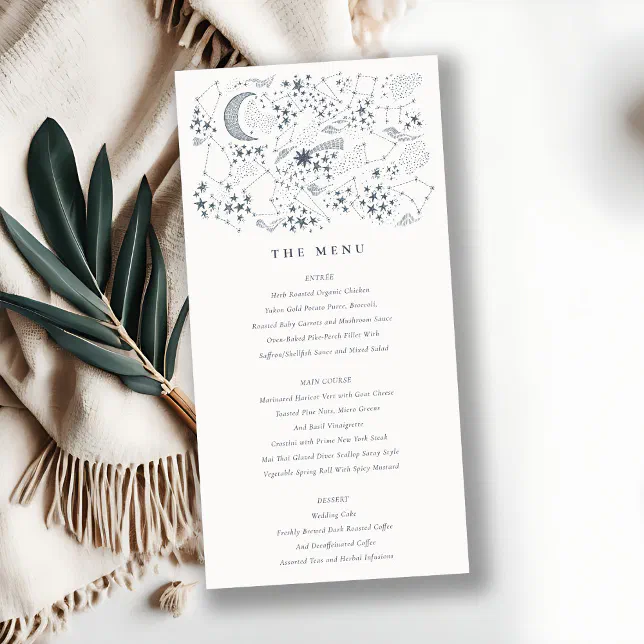 Celestial Navy Starry Night Moon Wedding Menu Card | Zazzle