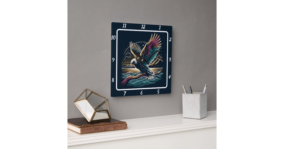 Celestial Neon Eagle Square Wall Clock | Zazzle