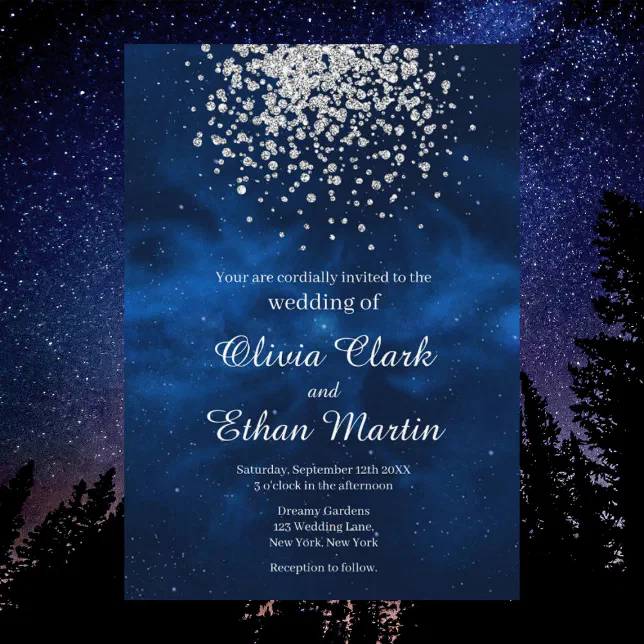 Celestial Night Sky With Silver Confetti Wedding Invitation | Zazzle