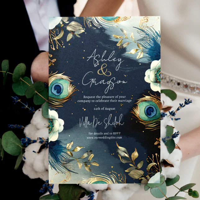 Celestial Peacock Feathers Elegant Wedding Invitation | Zazzle