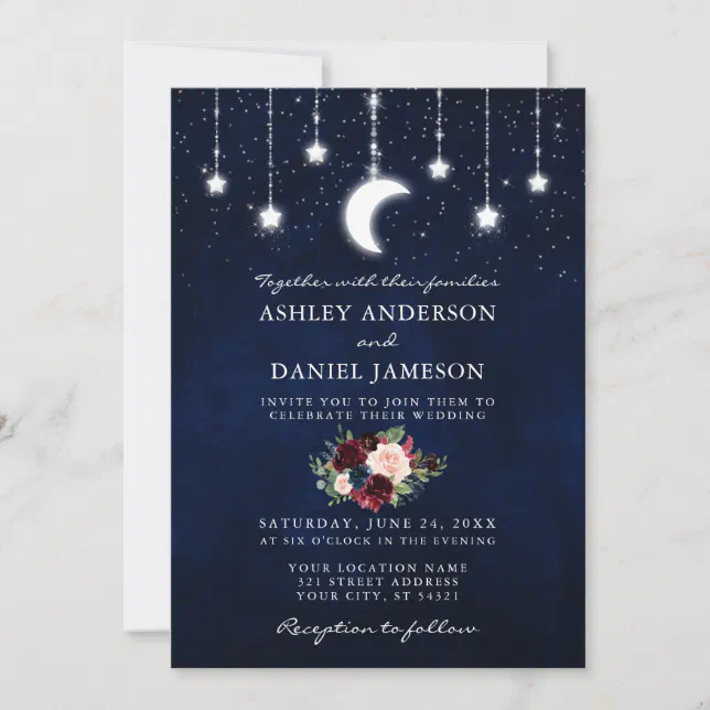 Celestial Sky Moon Stars Floral Lights Wedding Invitation | Zazzle