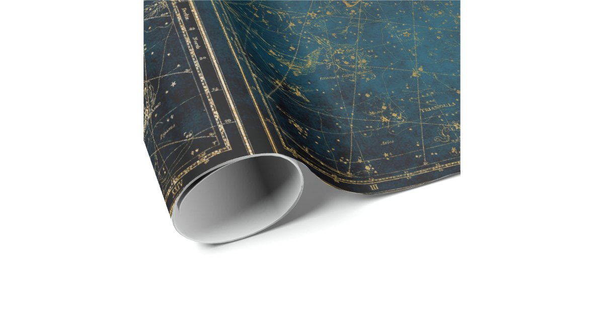 Celestial star map constellation blue gold galaxy wrapping paper | Zazzle