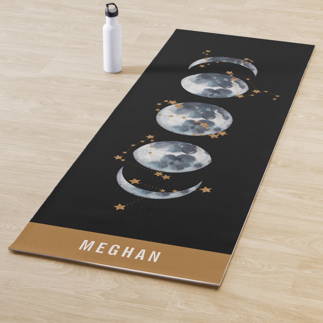 Celestial Starry Moon Phase | Black Yoga Mat | Zazzle