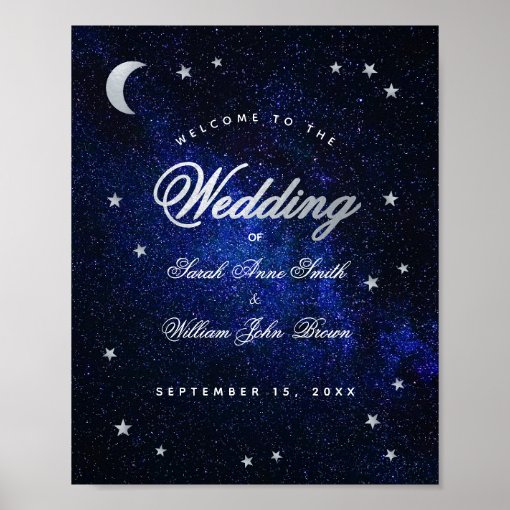 Celestial Stars & Moon Blue Wedding Welcome Sign | Zazzle