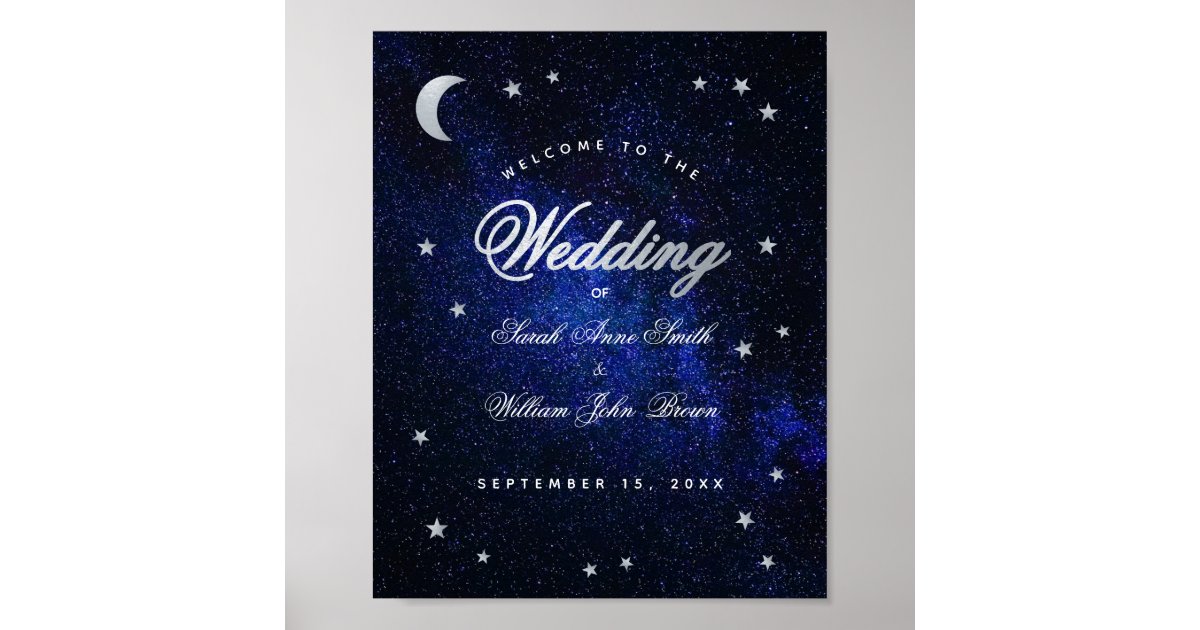 Celestial Stars & Moon Blue Wedding Welcome Sign | Zazzle