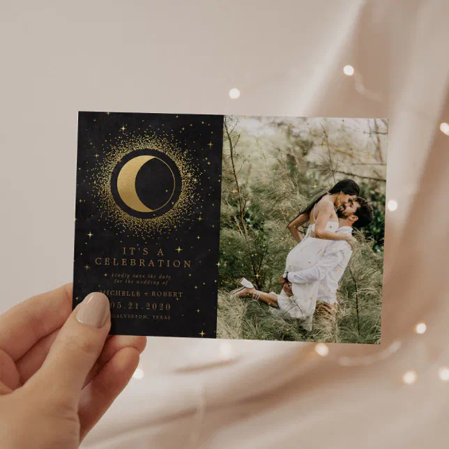 Celestial Stars Two Photo Wedding Celebration Invitation | Zazzle