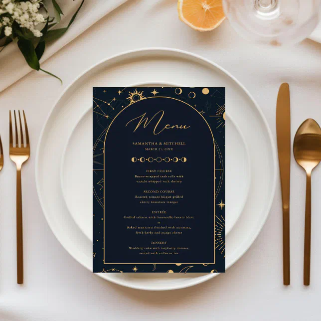 Celestial Sun and Moon Navy Gold menu card | Zazzle