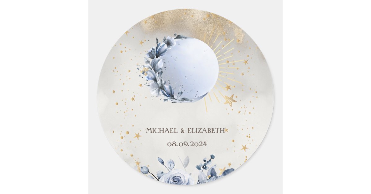 Celestial Sun,Blue Moon Flowers,Stars Night Sky Classic Round Sticker ...