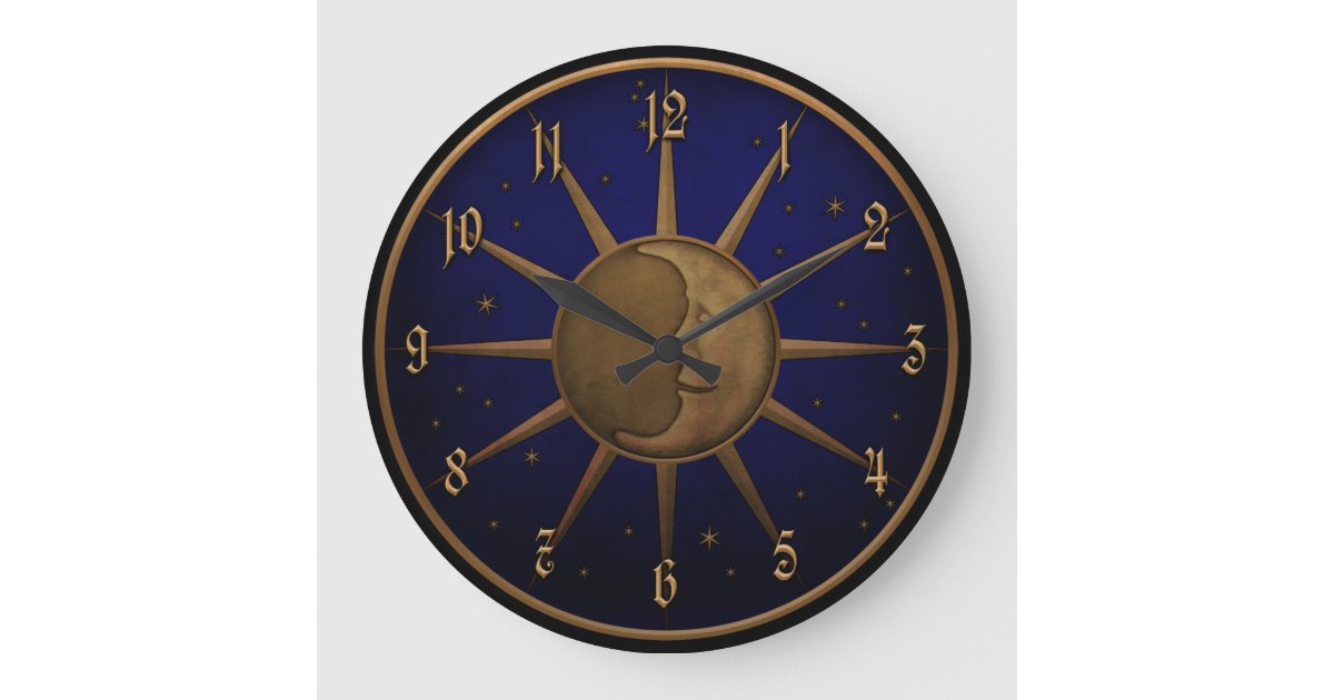Celestial Sun Moon Brass Bas Relief Graphic Large Clock | Zazzle