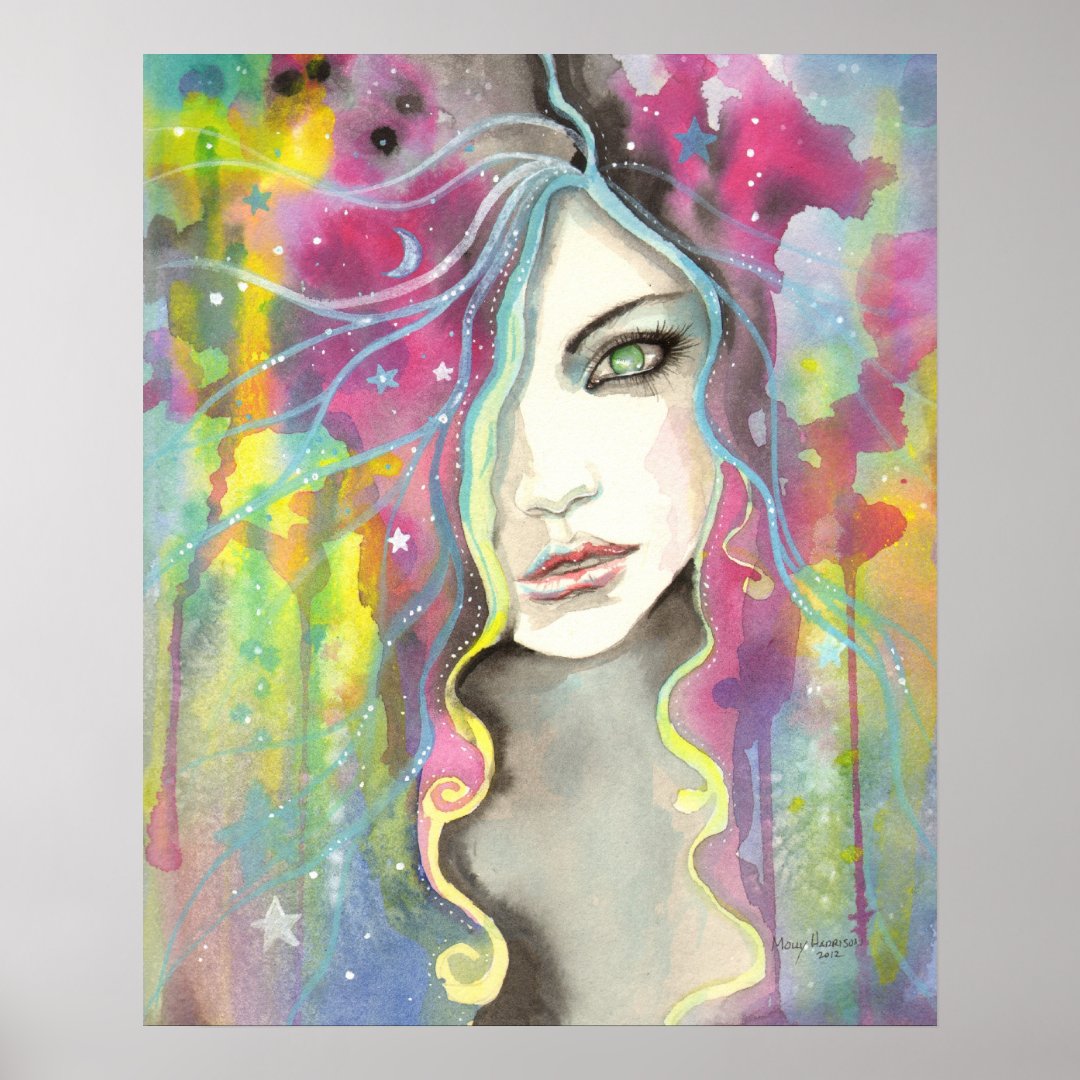 Celestial Vision Girl in the Stars Pop Fantasy Art Poster | Zazzle