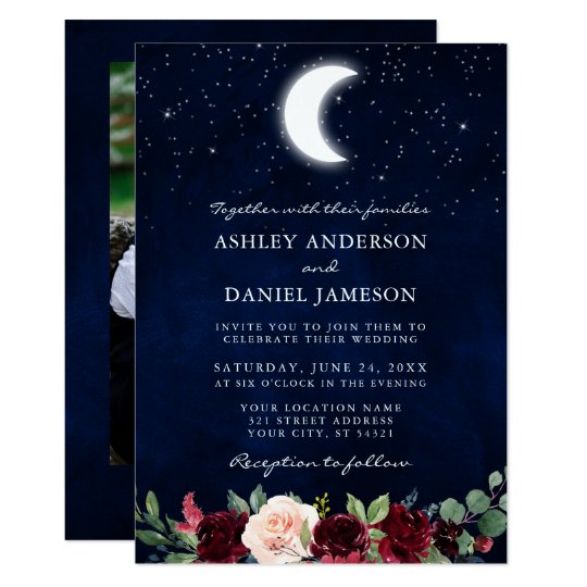 Celestial Wedding Moon Stars Floral Photo Invitation | Zazzle.com