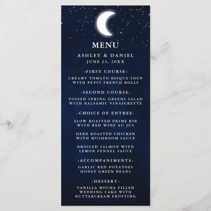 Celestial Wedding Watercolor Moon Stars Menu | Zazzle