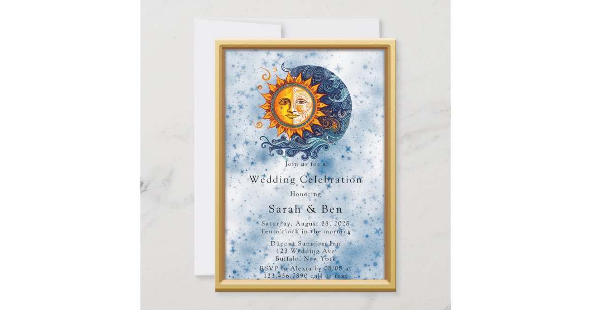 Celestial Yellow Blue Sun Moon Wedding Invitation | Zazzle