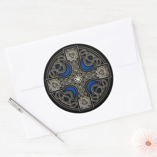 Celtic cross blue color classic round sticker | Zazzle