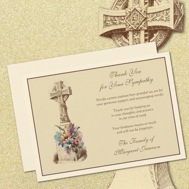 Celtic Cross Floral Funeral Condolence Sympathy Thank You Card | Zazzle