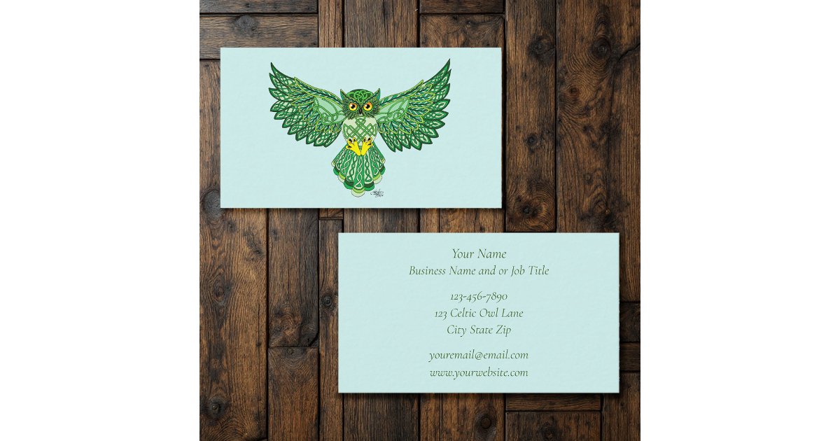 Celtic Green Knotwork Owl Flight Spread Wings Business Card | Zazzle