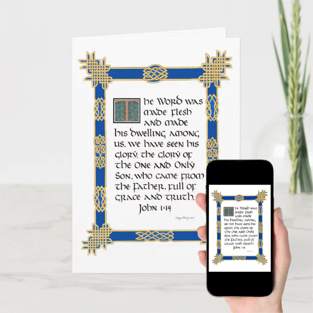 Celtic illuminated calligraphy John 1:14 Christmas Card | Zazzle