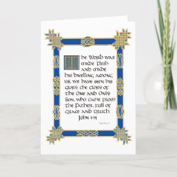 Celtic illuminated calligraphy John 1:14 Christmas Card | Zazzle