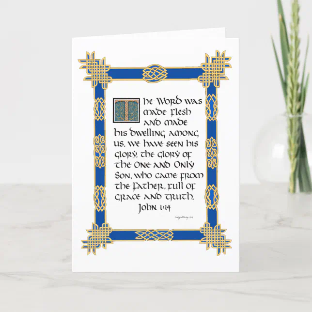 Celtic illuminated calligraphy John 1:14 Christmas Card | Zazzle