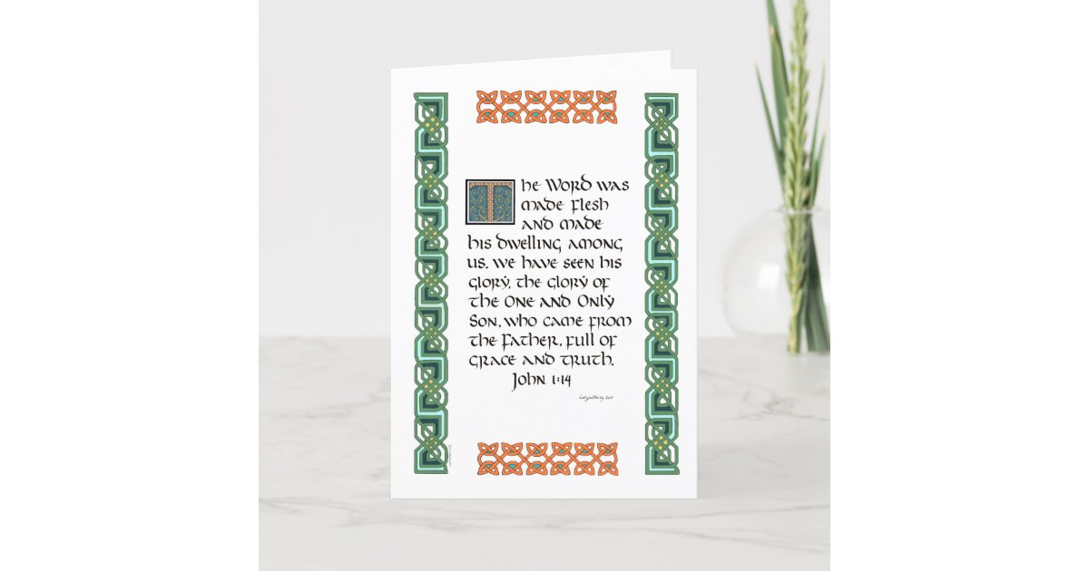 Celtic knot border calligraphy John 1:14 Christmas Card | Zazzle