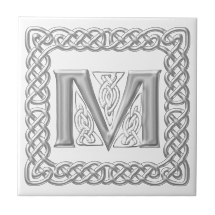 Celtic Knot Monogram Silver Effect Letter M Tile | Zazzle