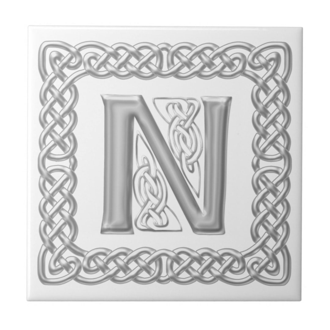 Celtic Knot Monogram Silver Effect Letter N Tile | Zazzle