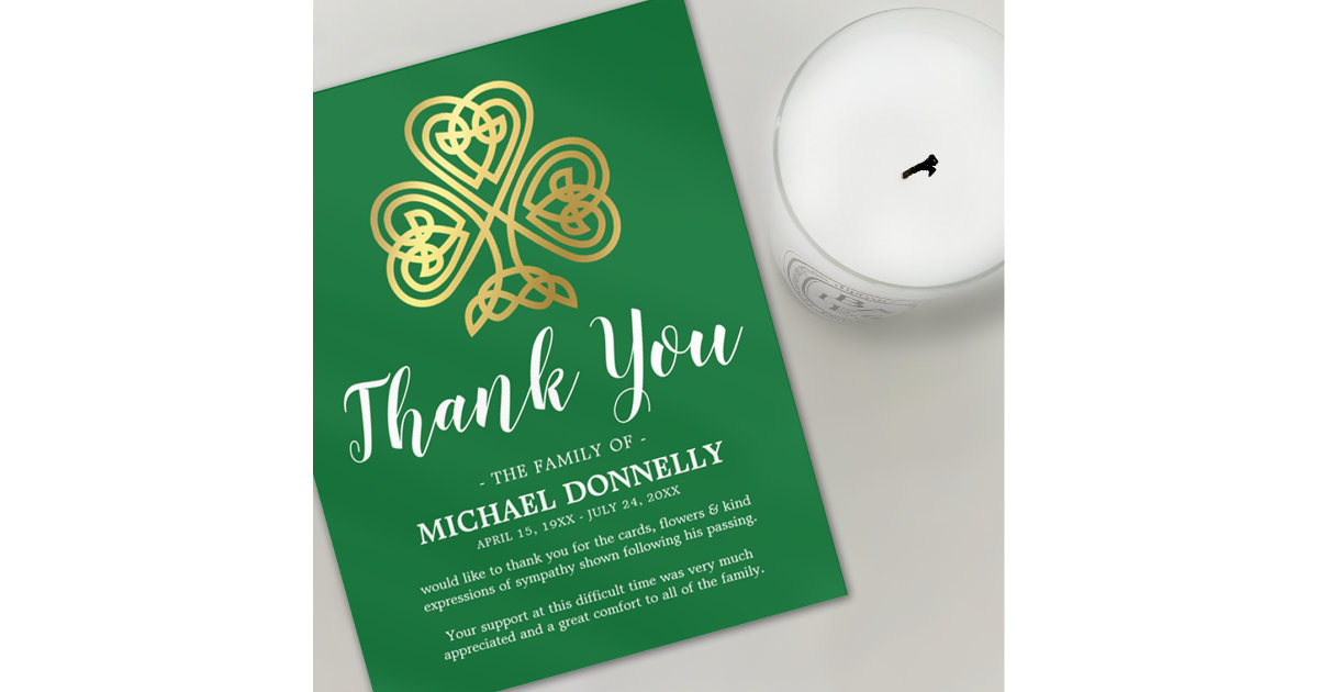 Celtic Shamrock Funeral Thank You Card | Zazzle