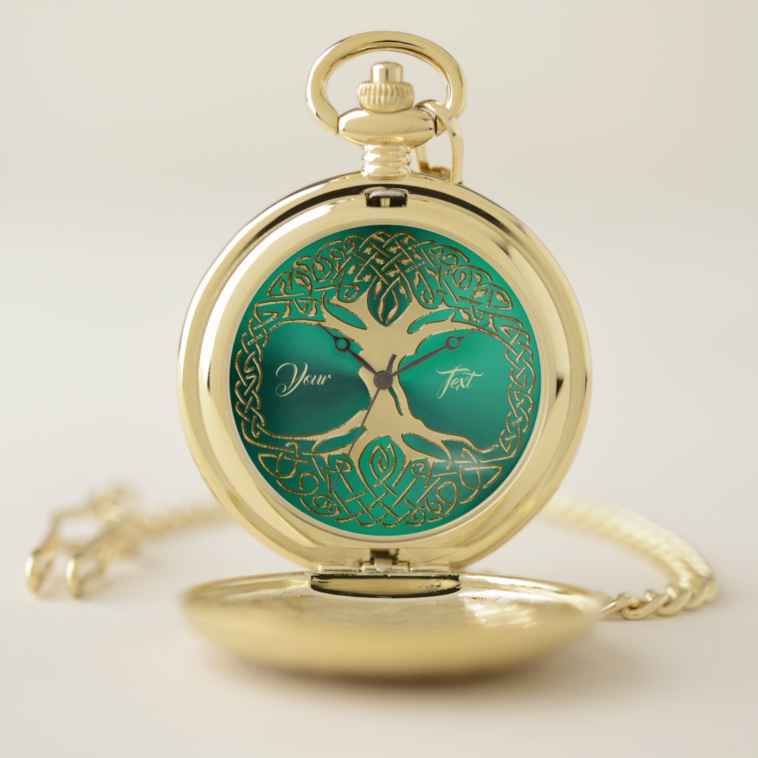 Celtic Tree of Life Green and Gold Pocket Watch | Zazzle