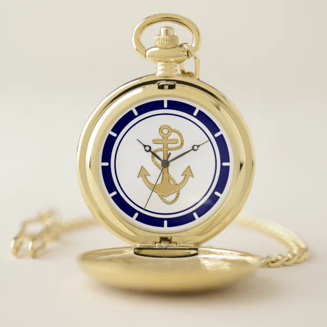 Central Golden Anchor Navy Blue Nautical Pocket Watch | Zazzle