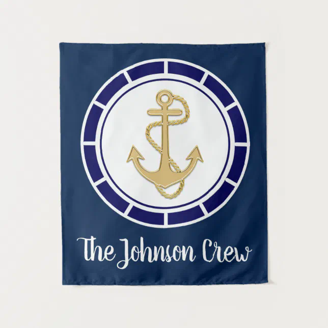 Central Golden Anchor Navy Blue Nautical Tapestry | Zazzle