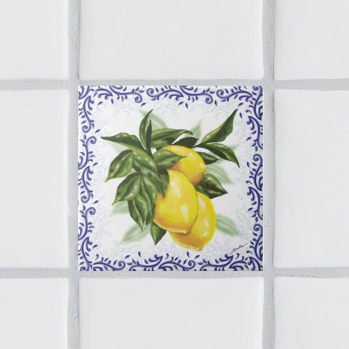 Ceramic Tile with Lemons Blue Toile | Zazzle