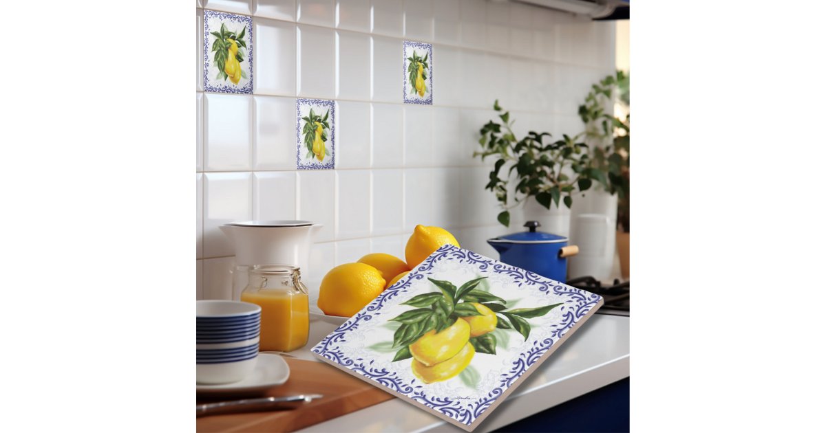 Ceramic Tile with Lemons Blue Toile | Zazzle
