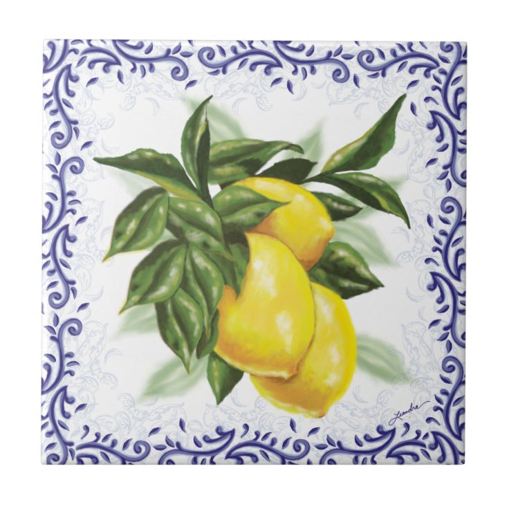 Ceramic Tile with Lemons Blue Toile | Zazzle