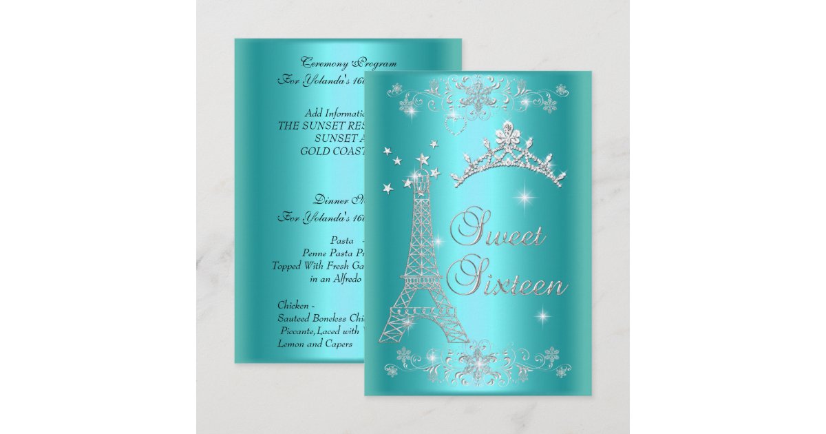 Ceremony and Dinner Menu Sweet 16 Teal Blue Invitation | Zazzle