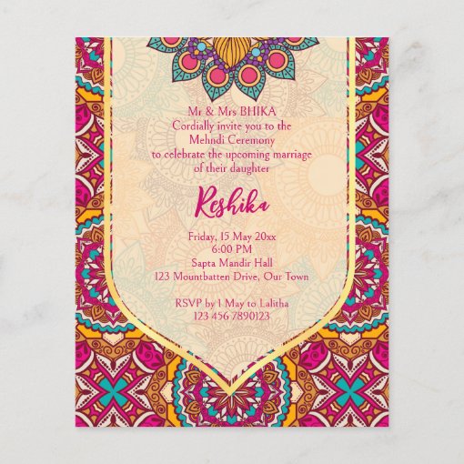 Cerise mandala rangoli mehndi budget invitation | Zazzle