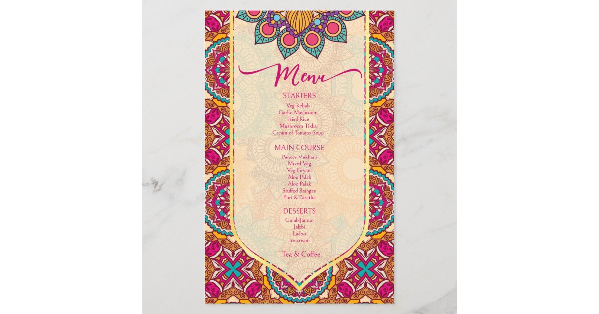 Cerise mandala rangoli personalized menu template | Zazzle