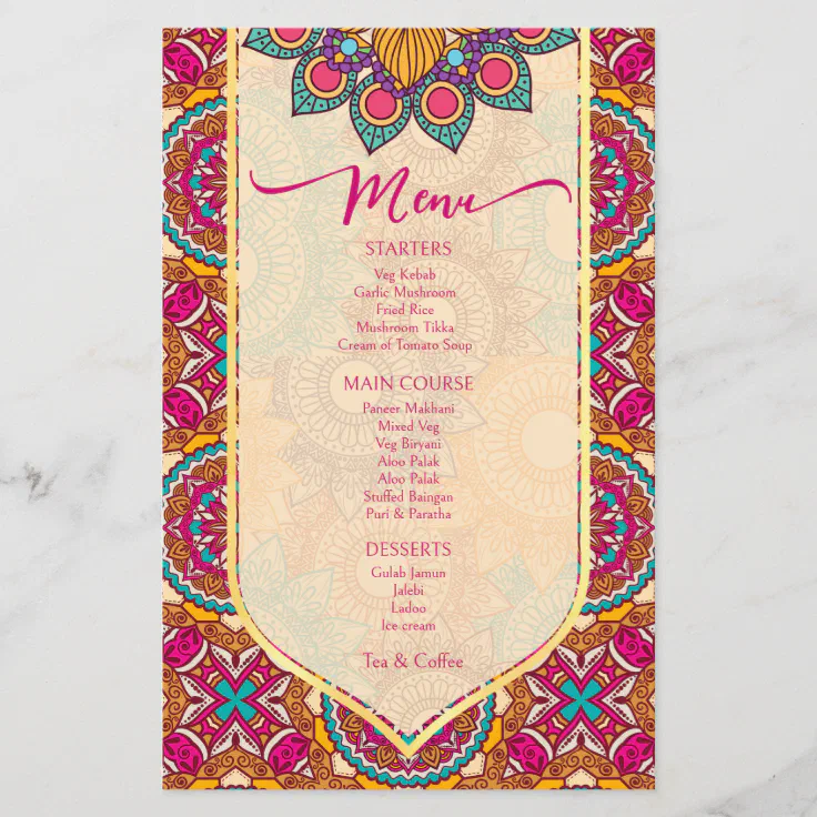 Cerise mandala rangoli personalized menu template | Zazzle