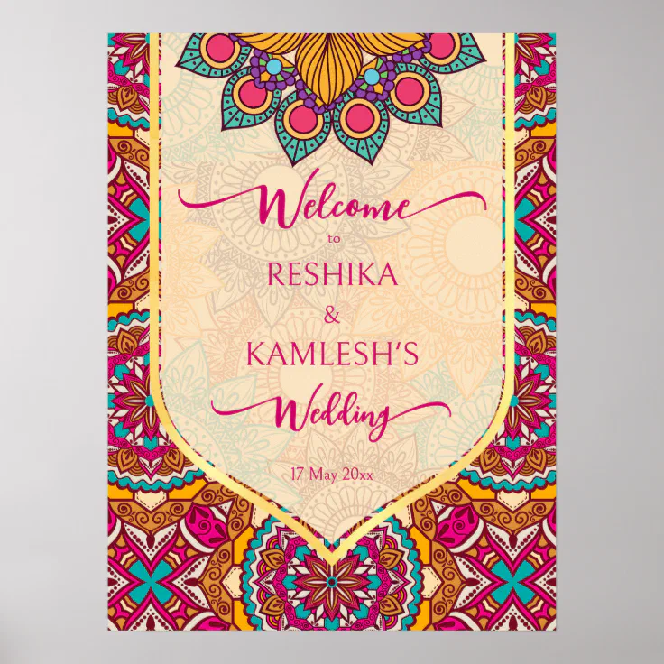 Cerise mandala rangoli wedding welcome sign | Zazzle