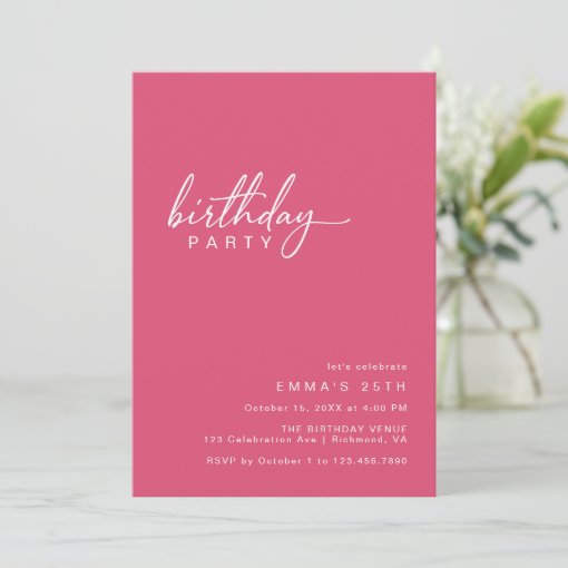 Cerise Pink | Simple Modern Typography Birthday Invitation | Zazzle