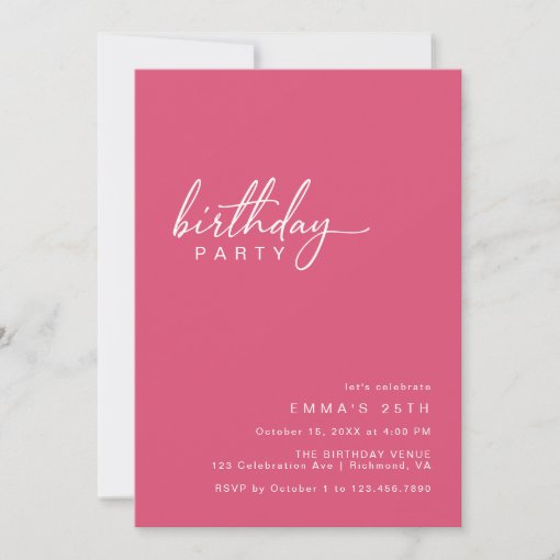 Cerise Pink | Simple Modern Typography Birthday Invitation | Zazzle