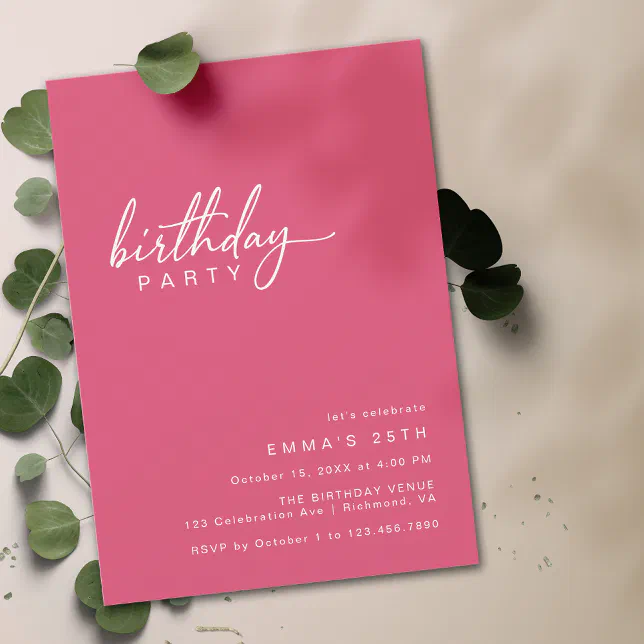Cerise Pink | Simple Modern Typography Birthday Invitation | Zazzle
