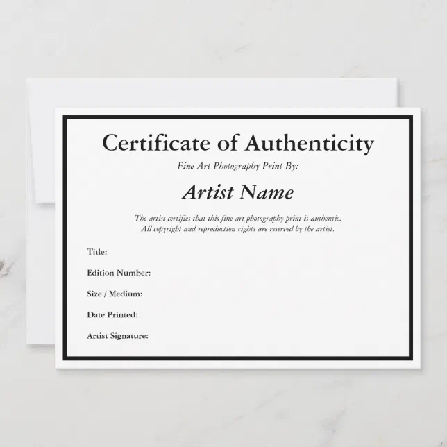 Certificate Authenticity for Photography Template | Zazzle