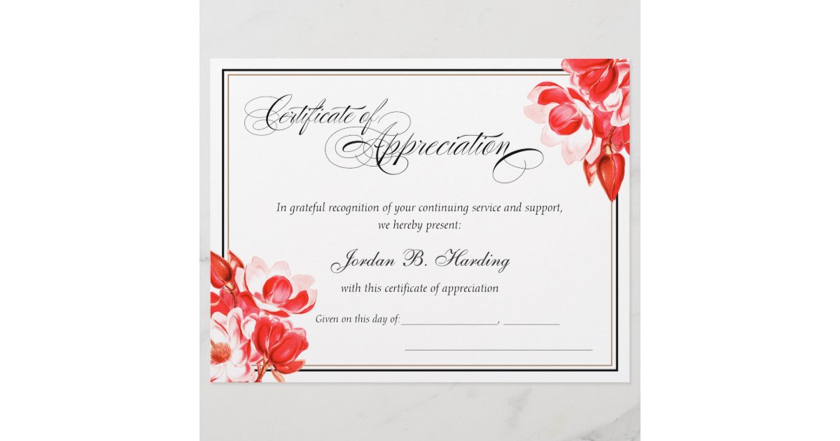 Certificate of Appreciation Award red Floral | Zazzle