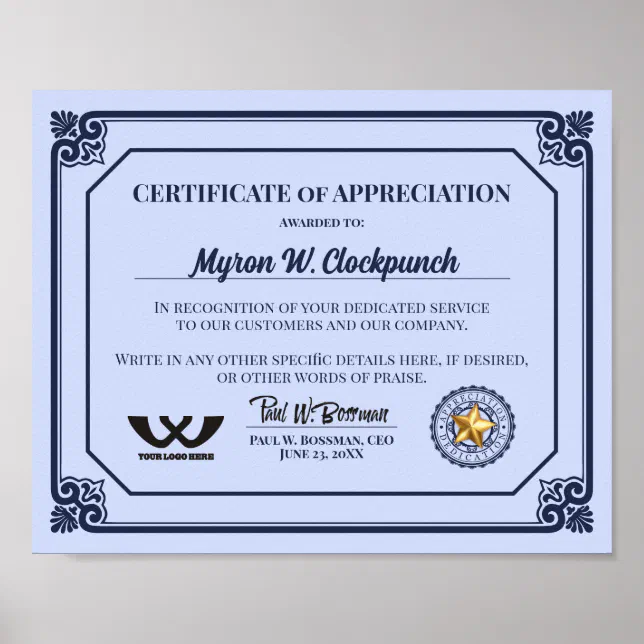Certificate of appreciation employee volunteer pos poster | Zazzle
